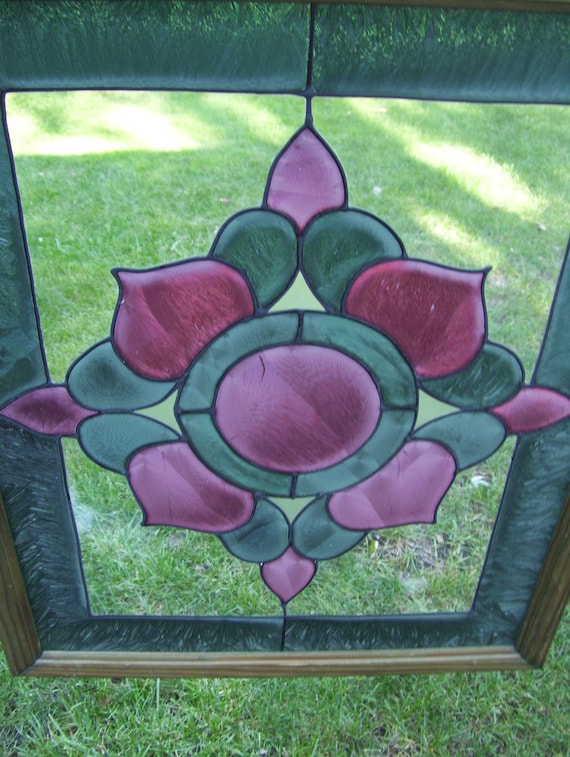 Teal Mauve Stained Glass Art Framed in Wood Silver Chain - Etsy