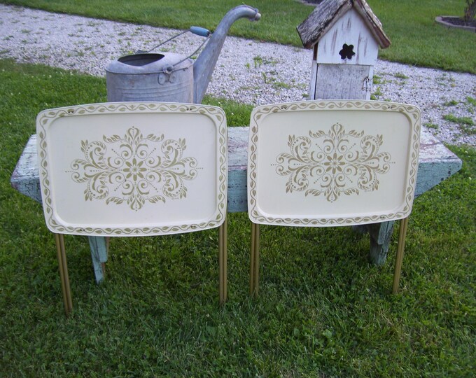 2 Lavada Metal TV Trays Gold Scroll Mid Century Modern Folding Tables ...