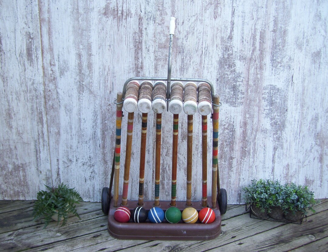 6 Player Lawnplay South Bend Wood Croquet Set Striped Mallets Complete Set Large Cart Sports ...