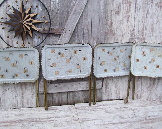 4 Atomic Metal TV Trays Mid Century Modern Gold Folding Tables SHABBY ...