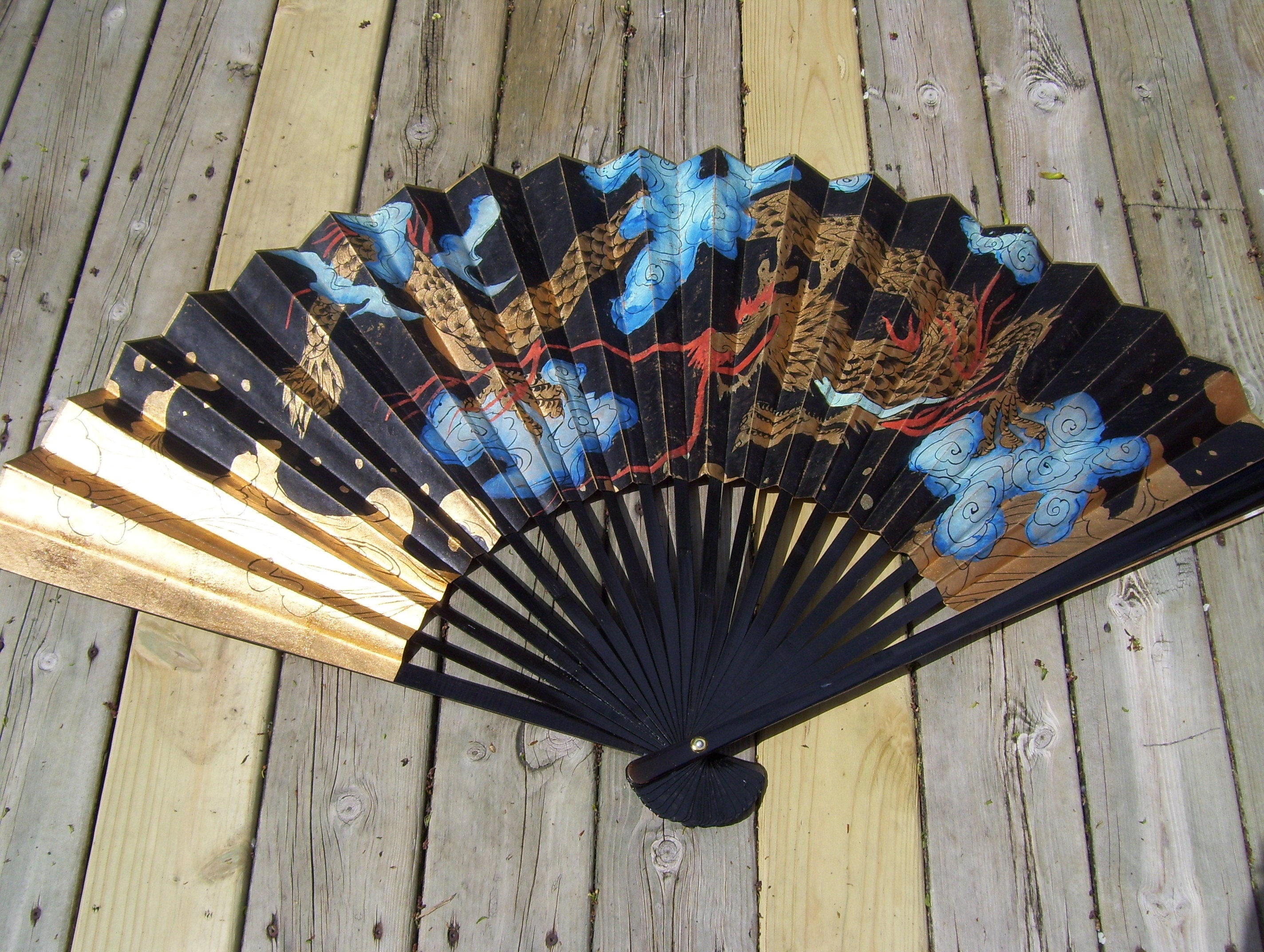 LARGE Asian Dragon Folding Fan Fire Breathing Gold Black | Etsy