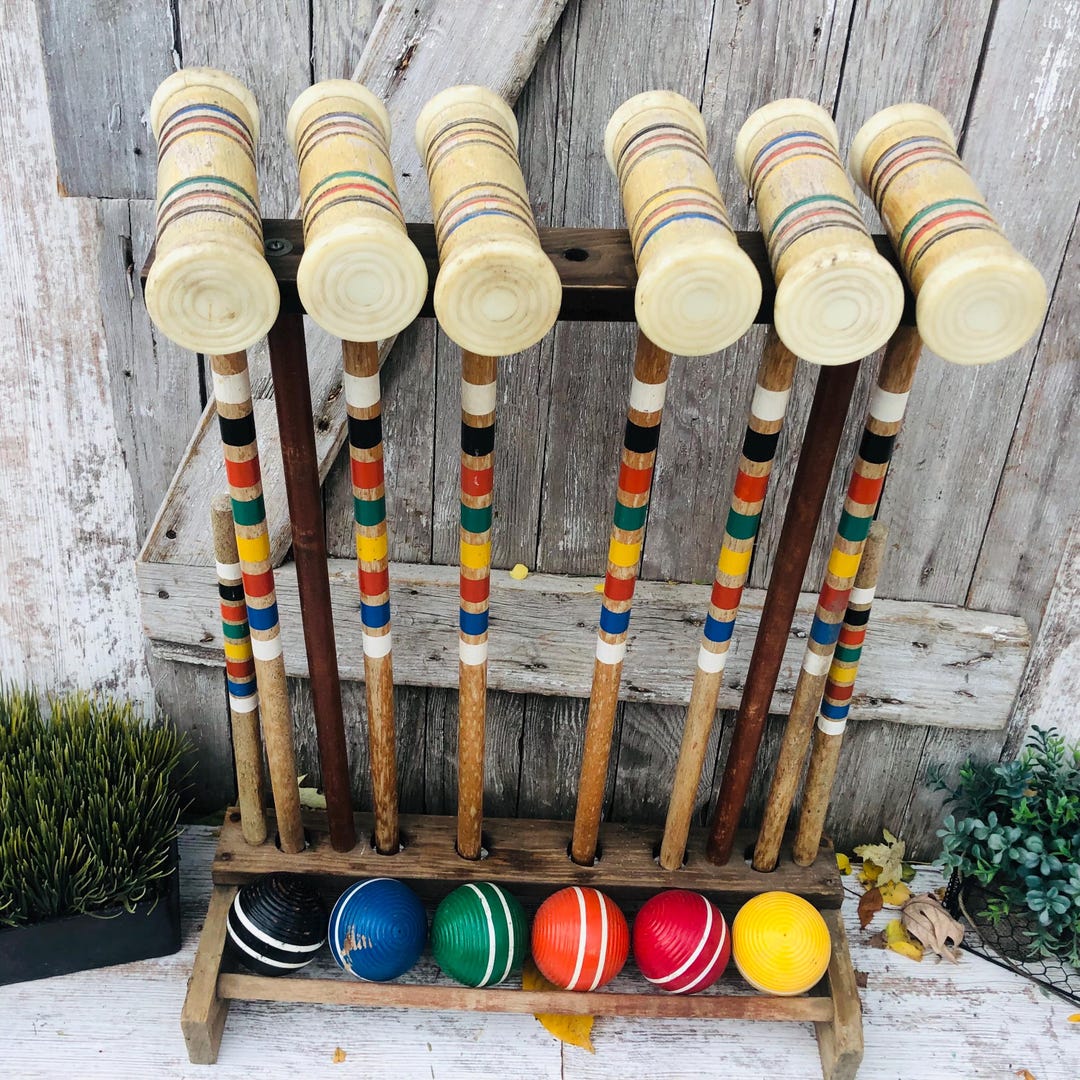 6 Wood Croquet Set Lawnplay Wide Wooden Stand Mallets Wood Balls ...