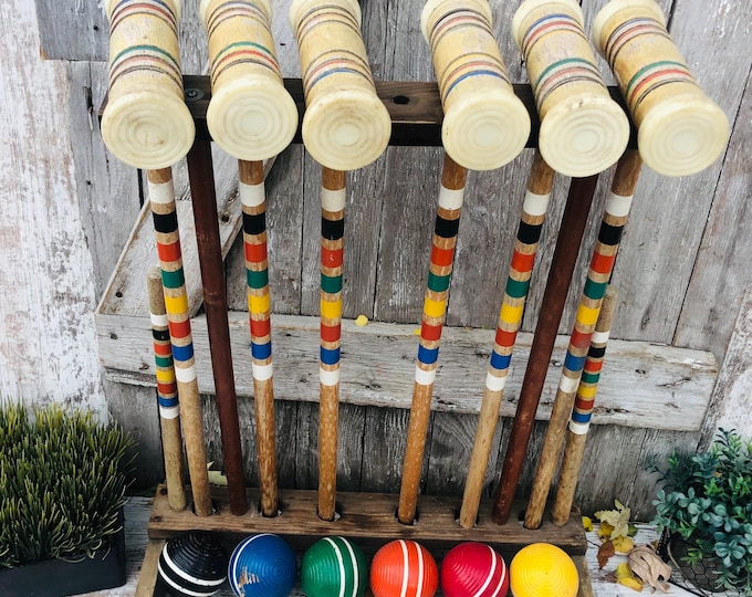 6 Wood Croquet Set Lawnplay Wide Wooden Stand Mallets Wood Balls Complete Set Sports Decor Lawn ...