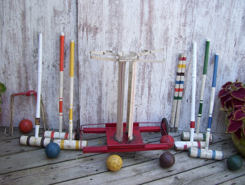 6 Wood Croquet Set Wheeled Stand White Mallets Rollaway - Etsy