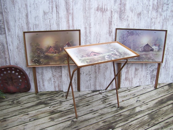 3 TV Trays Country Scenes Andres Orpinas Signed Landscape Wood Grain Tall Legs Barn Farmhouse Etsy Canada