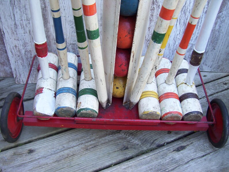 6 Wood Croquet Set Wheeled Stand White Mallets Rollaway - Etsy