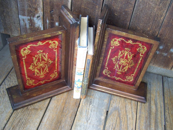 Red Gold Bohemian Bookends Boho Decor Glass and Wood Bookends - Etsy