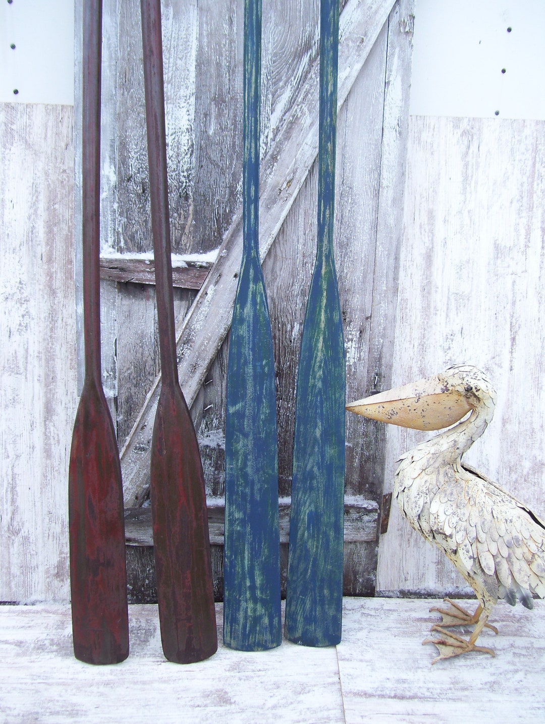 2 Vintage Wooden Oars 96 Walnut Stained or Blue Green Painted LONG Boat ...