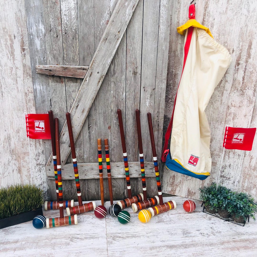 6 Forster Wood Croquet Set Rainbow Mallets Wooden Balls Carry Bag ...