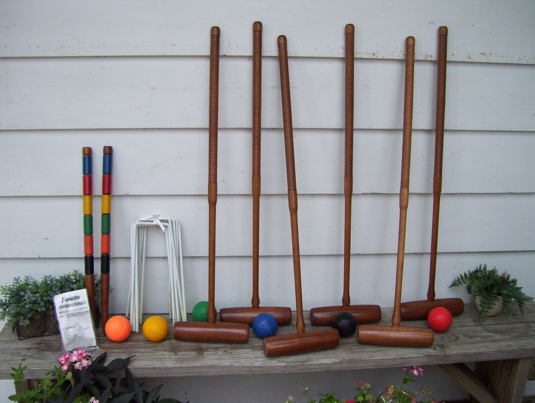 6 Franklin Deluxe Croquet Set 37" LONG Wooden Mallets Wheeled Storage ...
