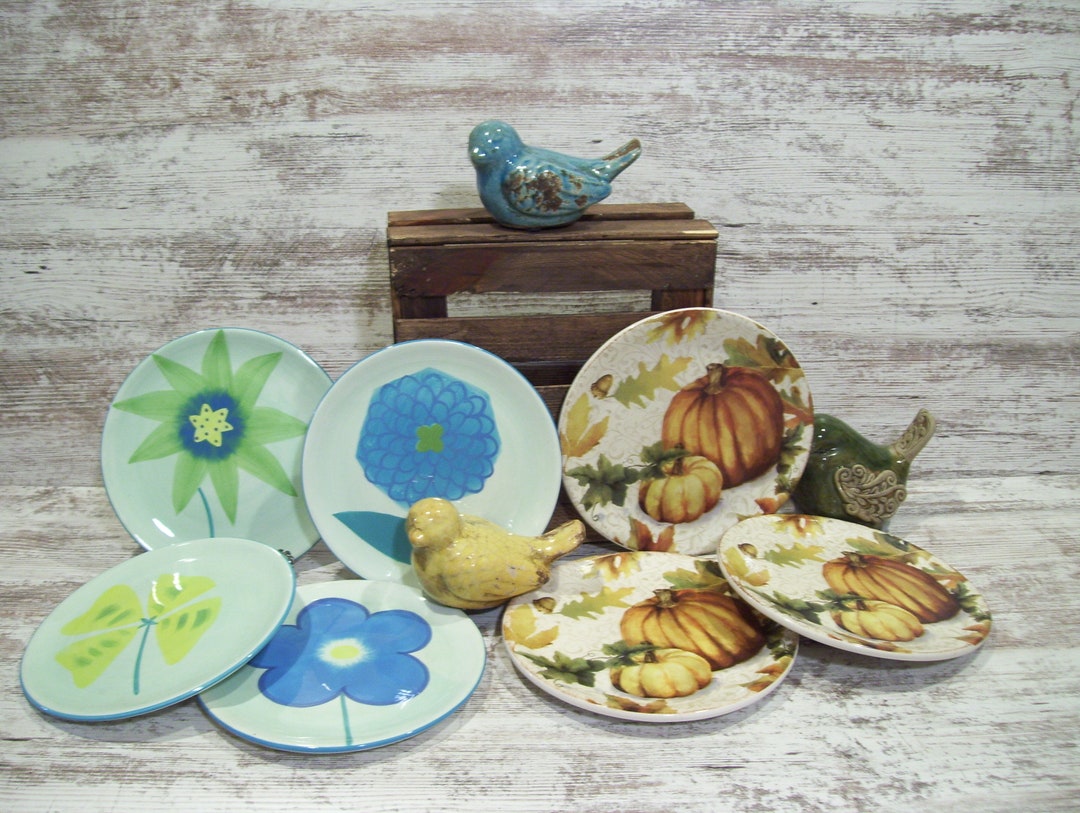 4 Crate and Barrel Plates Blue Summer Flowers OR 5 Pier 1 Imports ...