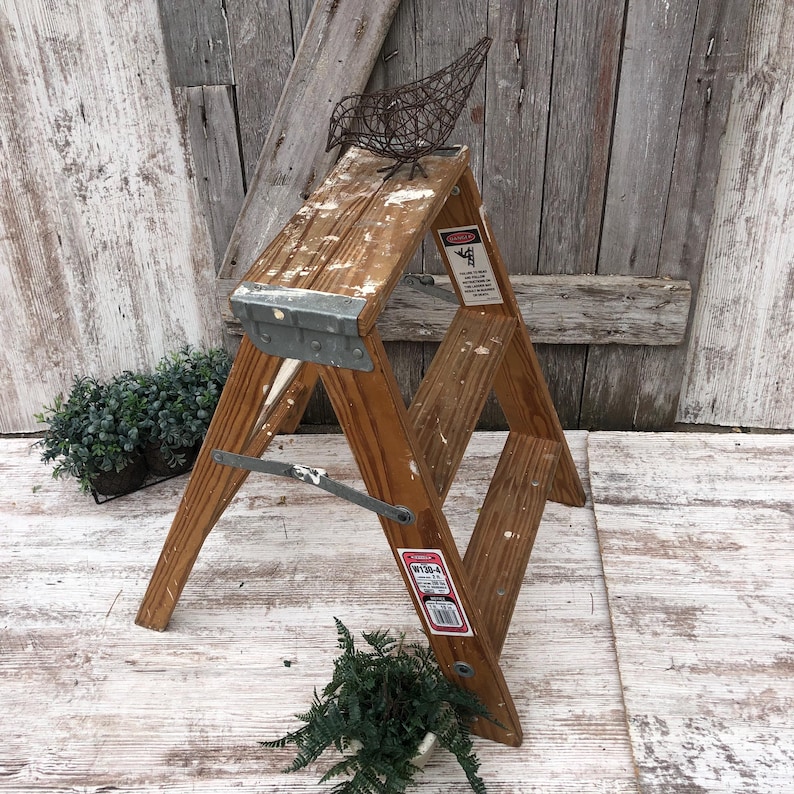 Werner Wood Ladder Two Step Plant Stand Farmhouse Rustic Wooden Step ...