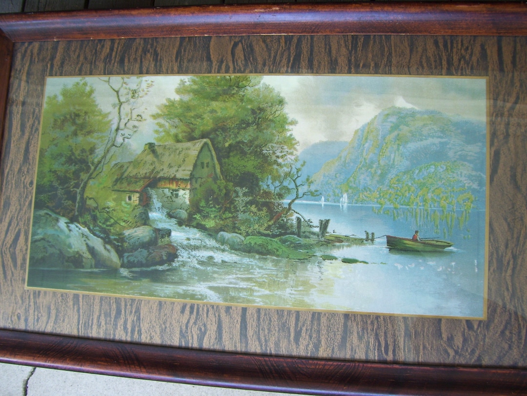 Vintage Landscape Lithograph Nature Wood Grain Edging Cabin Art Rustic ...