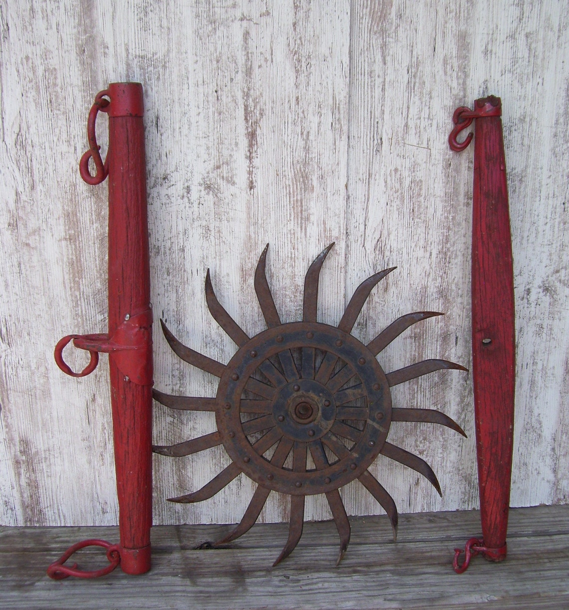 Red Wood Oxen Yoke Farmhouse Primitive Wood Iron Singletree Whiffletree ...