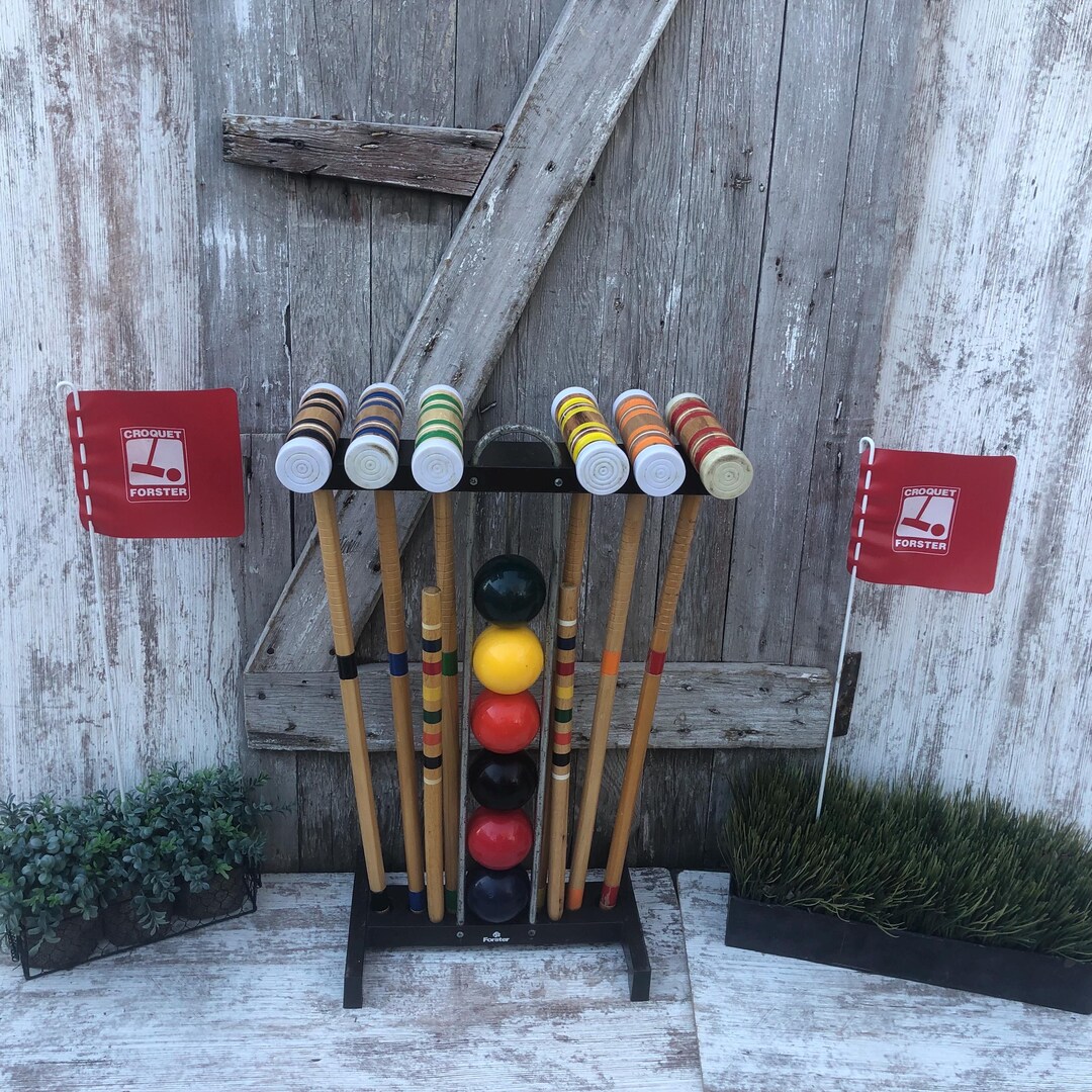 6 Forster Croquet Set Wooden Mallets Storage Cart Poly Balls Complete Set Lawn Sports Decor ...