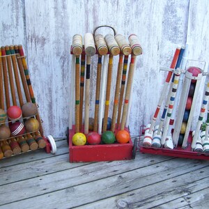 6 Wood Croquet Set Wheeled Stand White Mallets Rollaway Rademaker Ball ...