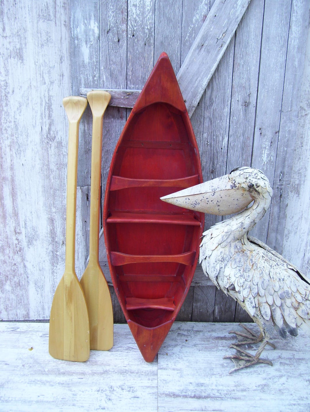 Red Stained Wood Canoe Shelf 41" Wooden Boat Nautical Lakehouse Beach ...