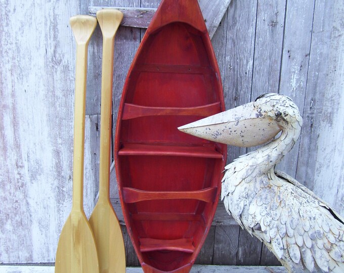 Red Stained Wood Canoe Shelf 41" Wooden Boat Nautical Lakehouse Beach ...