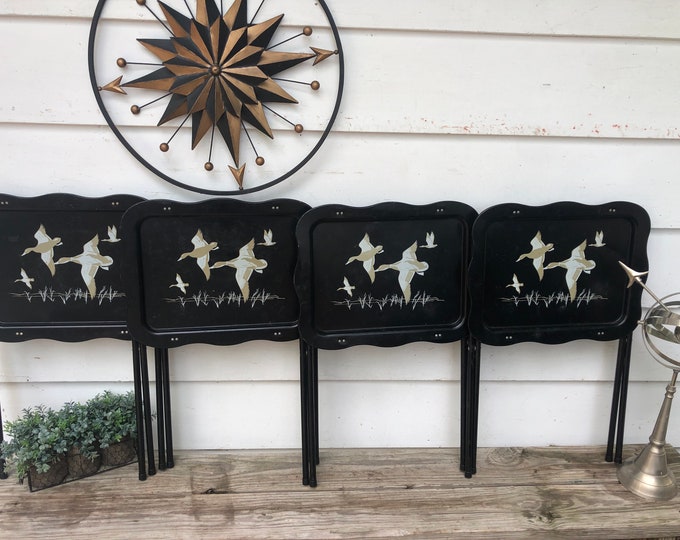 4 Black Metal TV Trays Atomic Flying Ducks Tray Metal Clips MCM Folding ...