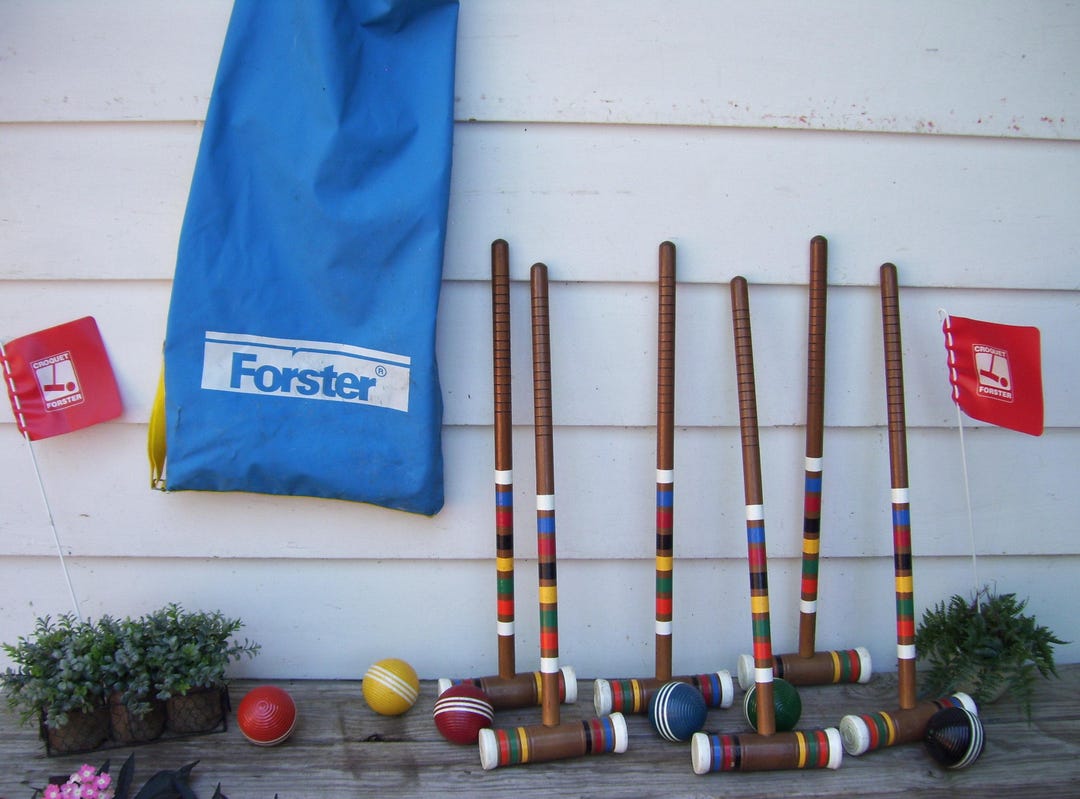 6 Forster Wood Croquet Set 27 Rainbow Mallets Wood Balls Carry Bag ...