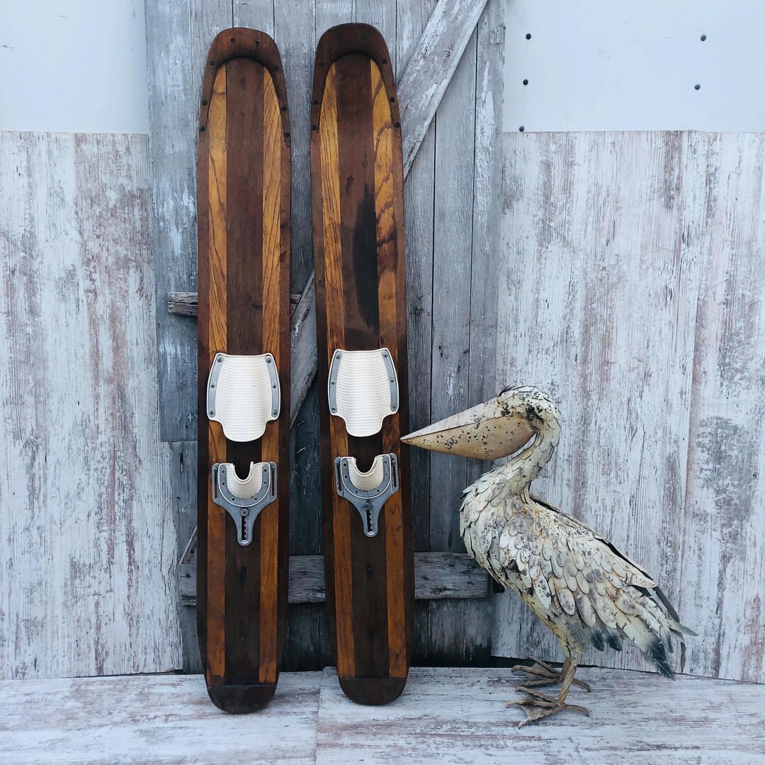 2 Wood Water Skis RARE Wood Fin Brass Screws Lakehouse Beach - Etsy