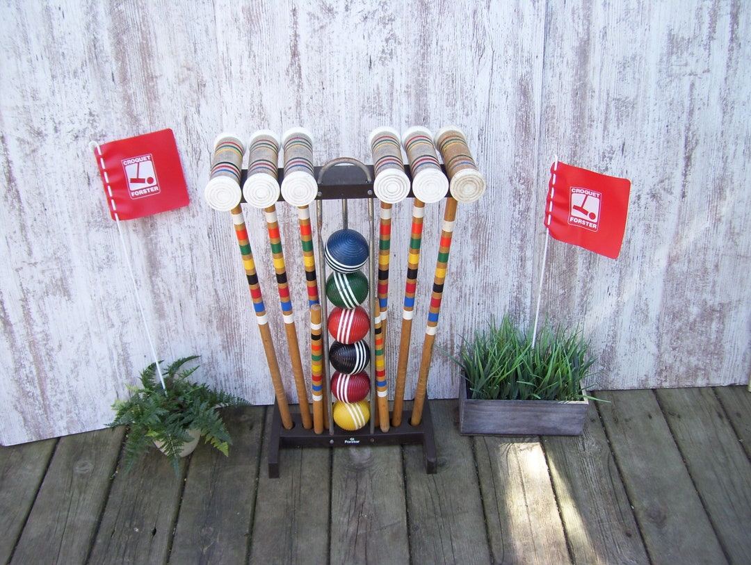 6 Forster Croquet Set Wooden Mallets Storage Cart Striped Wood Balls ...