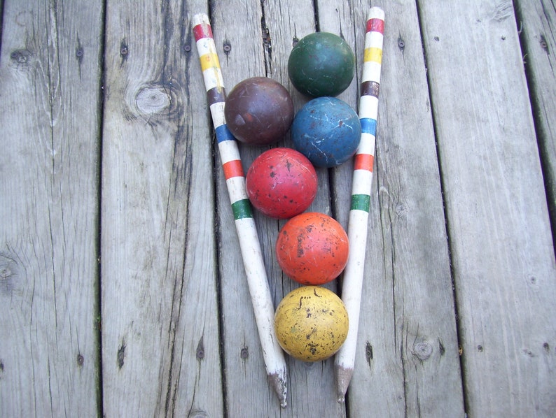 6 Wood Croquet Set Wheeled Stand White Mallets Rollaway - Etsy