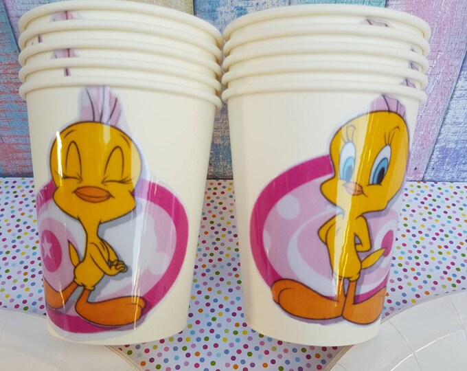 10 Paper Cups, Pink Tweety Cute Bird, 240 Ml, Birthday Tableware, Table ...