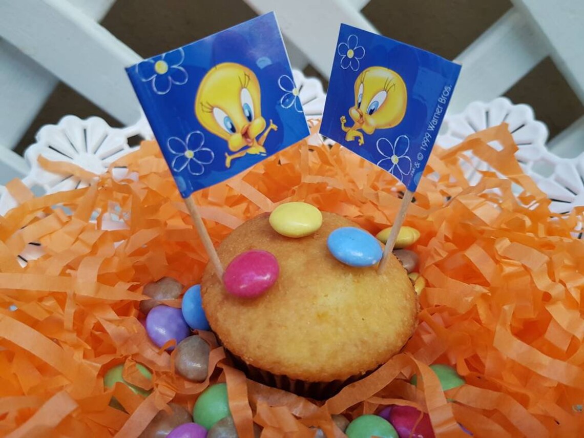 10 Tweety Yellow Cupcake Toppers Sweet Flags Double Sided | Etsy