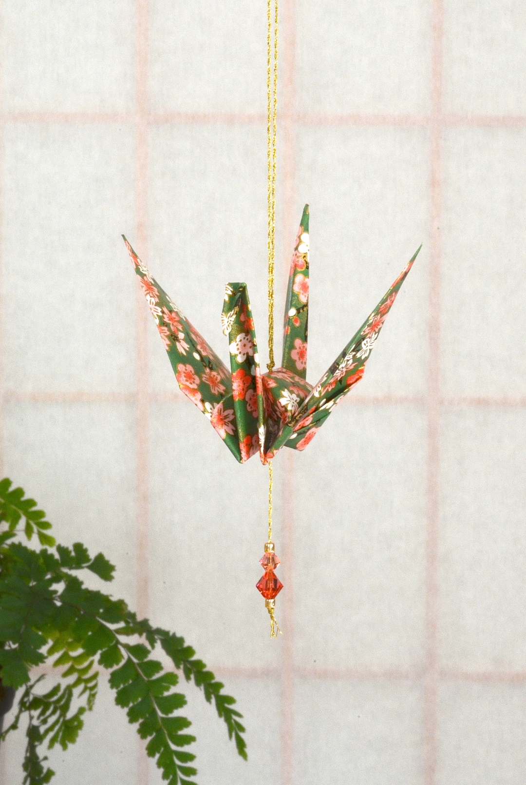 Origami Crane Hanging Ornament - Green Japanese Paper Pink Flowers ...