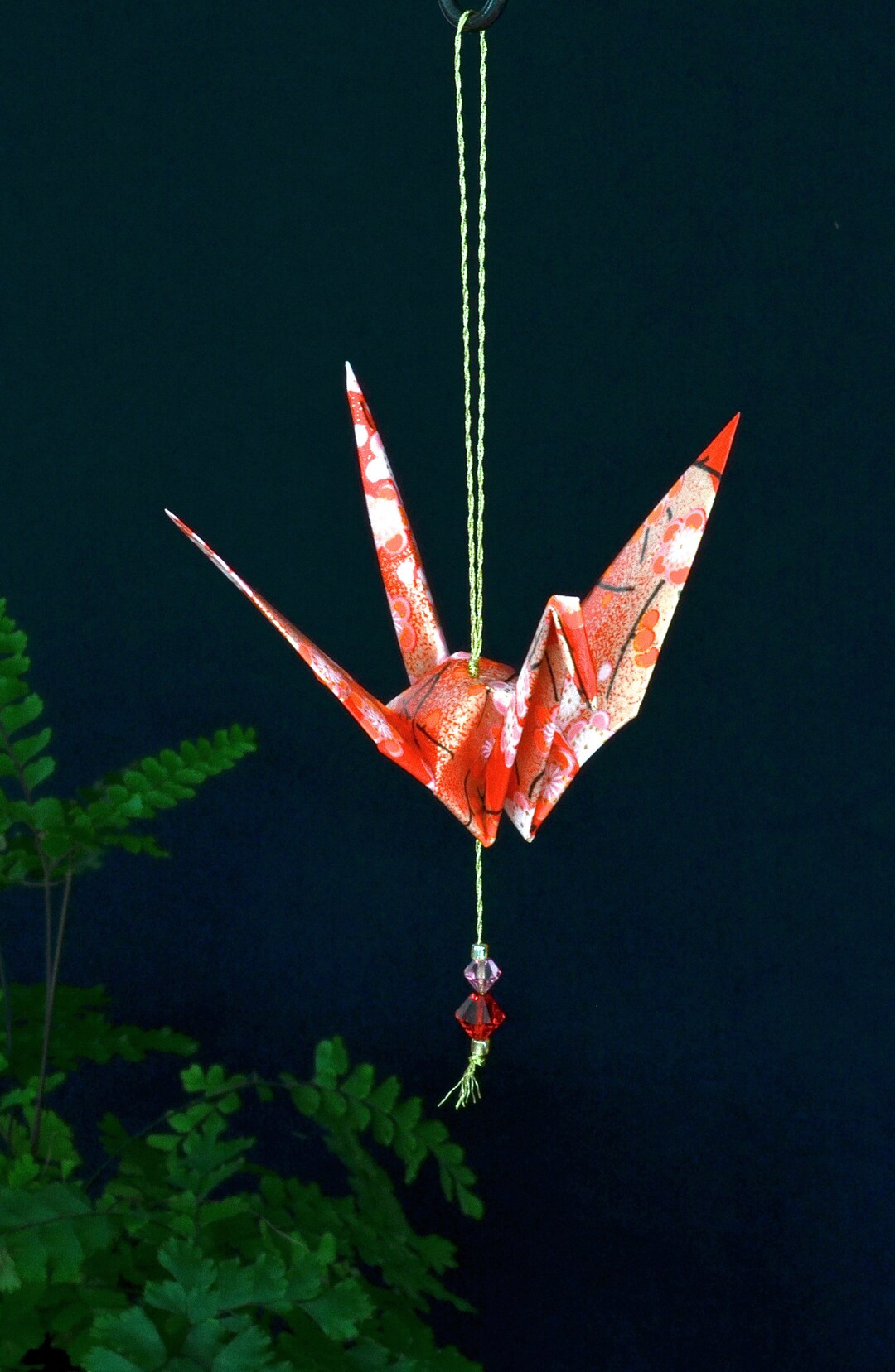 Origami Crane Hanging Ornament Red Japanese Paper W/ Flowers, Peace ...