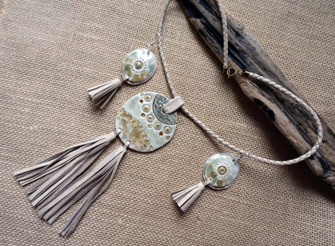 Ceramic Leather Jewelry Set. Wedding Jewelry Set Lithuanian Jewelry - Etsy