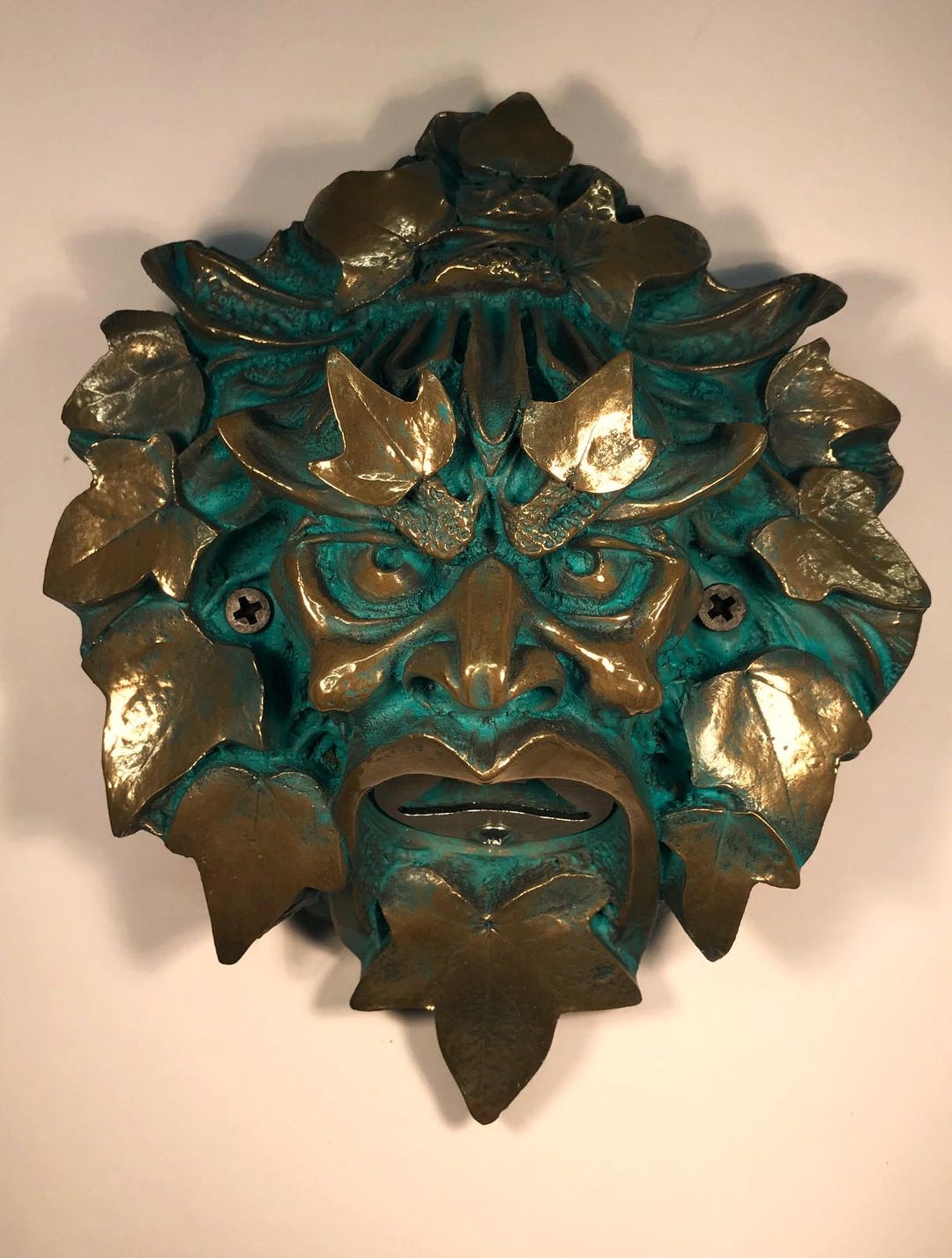 Green Man Bottle Opener Verdigris Brass Garden Gift - Etsy