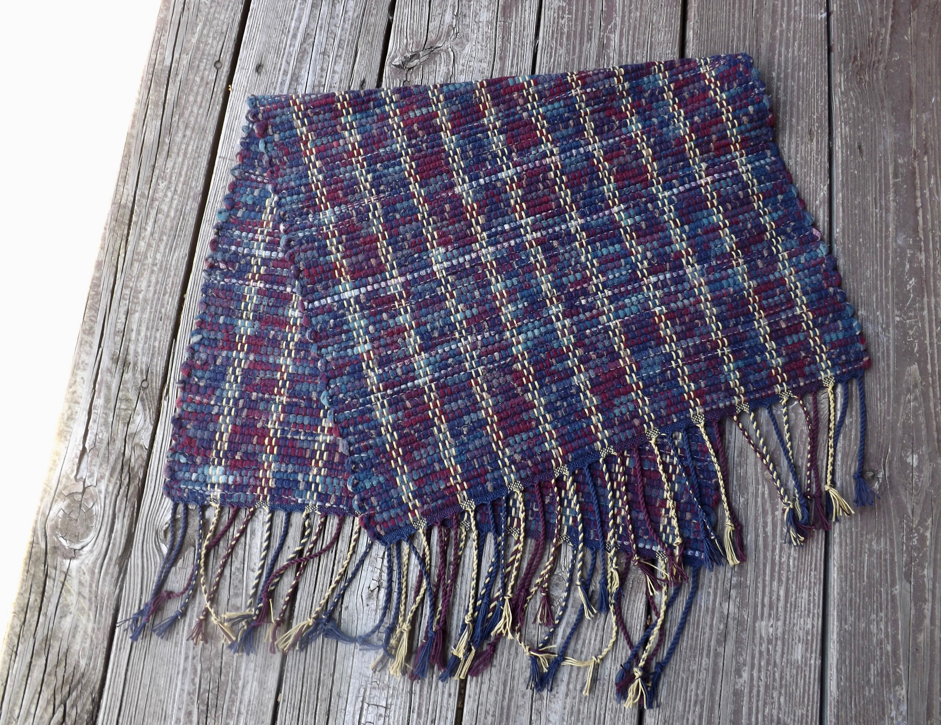 Handwoven Cotton Rag Rug in Navy, Gold & Burgundy, 24" X 41" Plus ...