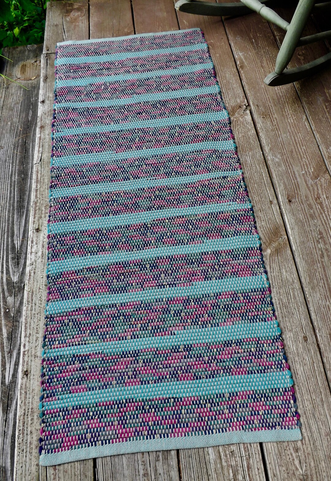 Handwoven Rag Runner in Aqua, Blue & Rose, 24" X 62", Handmade in the ...