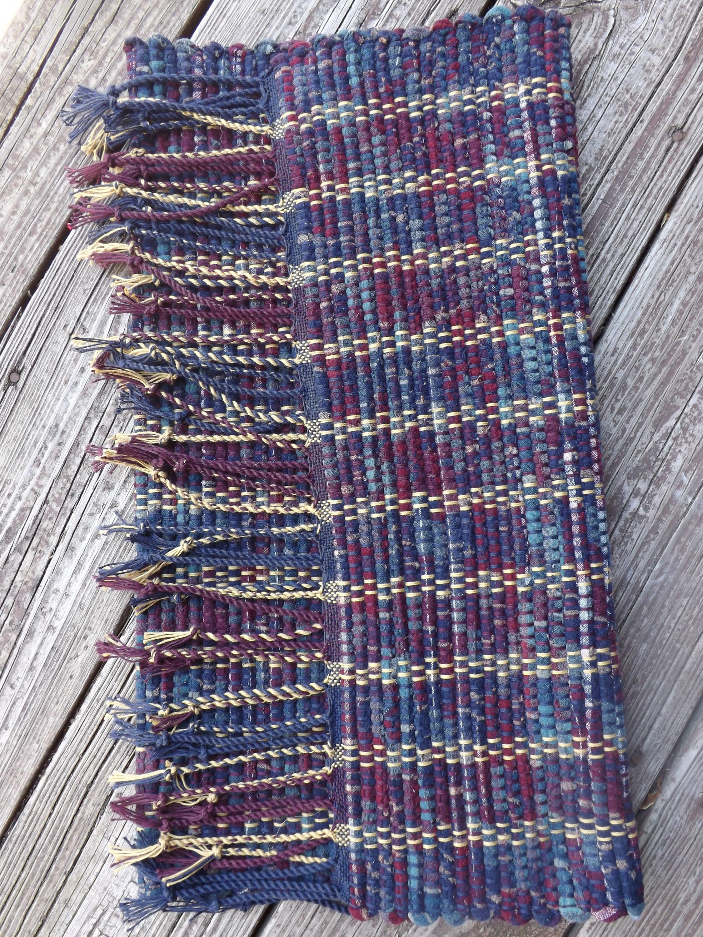 Handwoven Cotton Rag Rug in Navy, Gold & Burgundy, 24" X 41" Plus ...