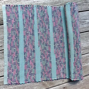 Handwoven Rag Runner in Aqua, Blue & Rose, 24" X 62", Handmade in the ...