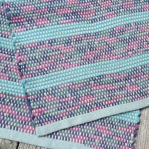 Handwoven Rag Runner in Aqua, Blue & Rose, 24" X 62", Handmade in the ...