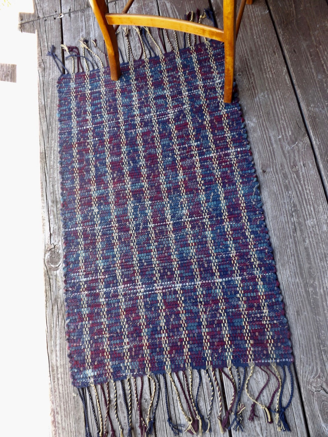 Handwoven Cotton Rag Rug in Navy, Gold & Burgundy, 24" X 41" Plus ...