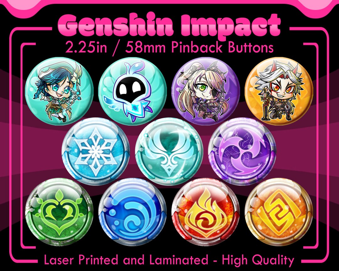 Genshin Impact Pinback Buttons Venti Itto Fischl Visions Pyro Cryo ...