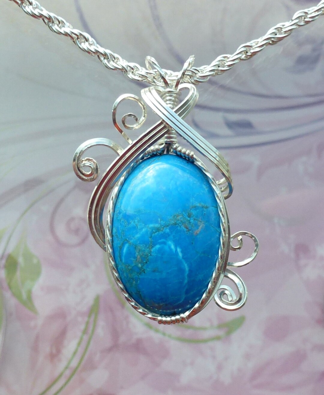 Blue Howlite Womans Pendant Necklace Wire Wrapped Jewelry Handmade in ...