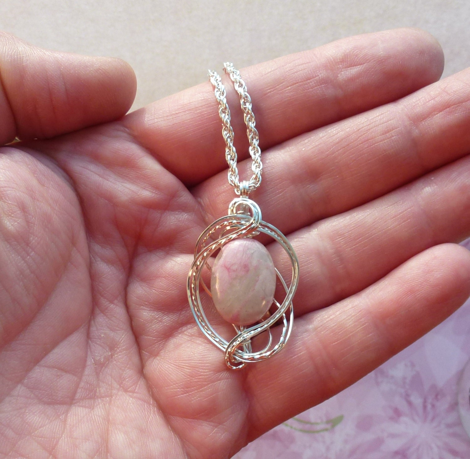 Pink Peruvian Opal Necklace Pendant Wire Wrapped Jewelry Handmade in ...