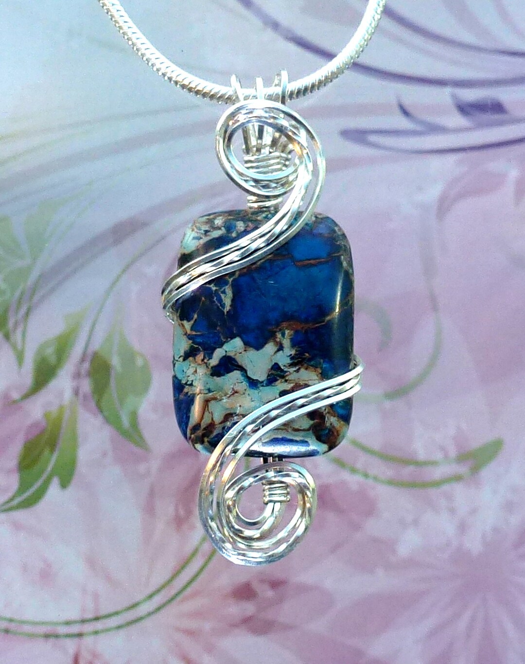 FREE SHIPPING Deep Blue Sea Jasper Pendant Necklace Wire Wrapped ...
