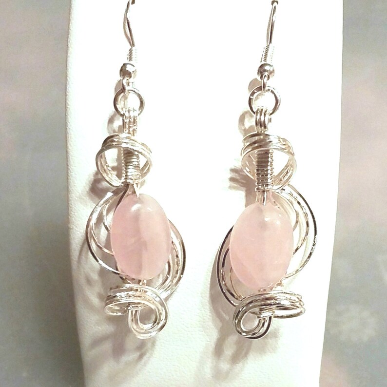 Pink Rose Quartz Earrings Wire Wrapped Womens Jewelry Handmade | Etsy