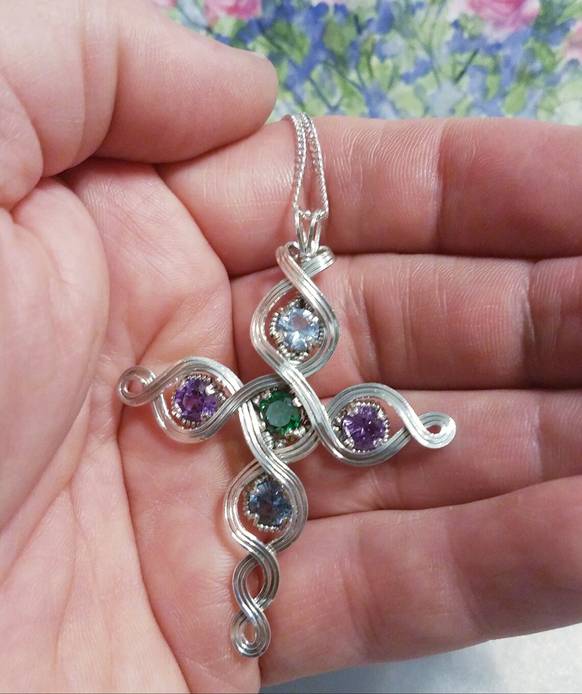 Mothers Birthstone Cross Necklace Pendant With Multiple Birthstones ...
