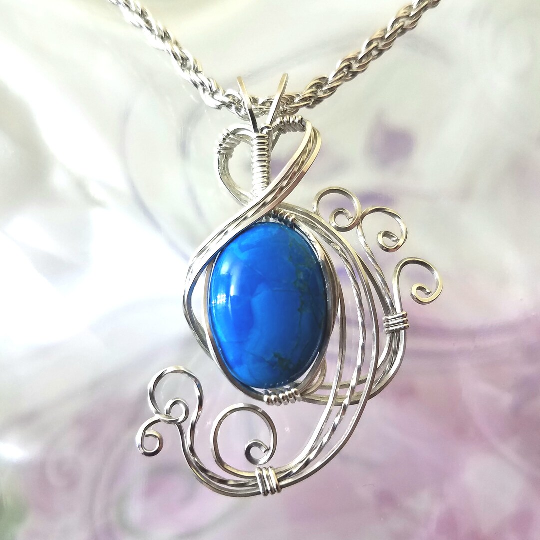 Blue Howlite Womans Pendant Wire Wrapped Jewelry Handmade in Silver ...