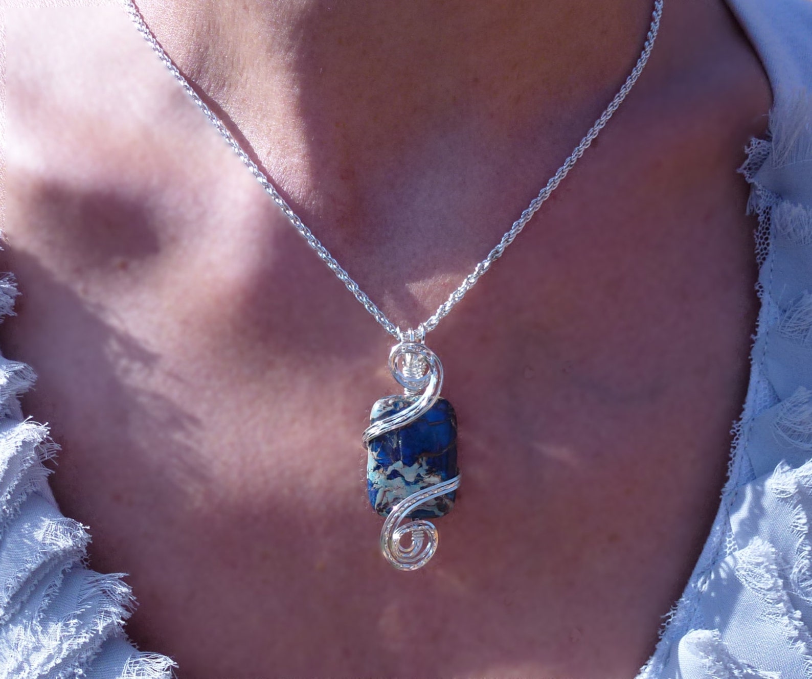 FREE SHIPPING Deep Blue Sea Jasper Pendant Necklace Wire - Etsy
