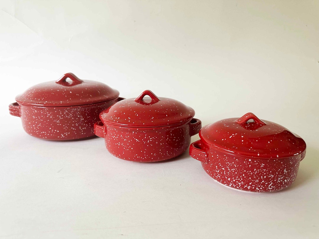 The Supper on the Hearth Vintage 70s Set of 3 Crock Pots Speckled ...