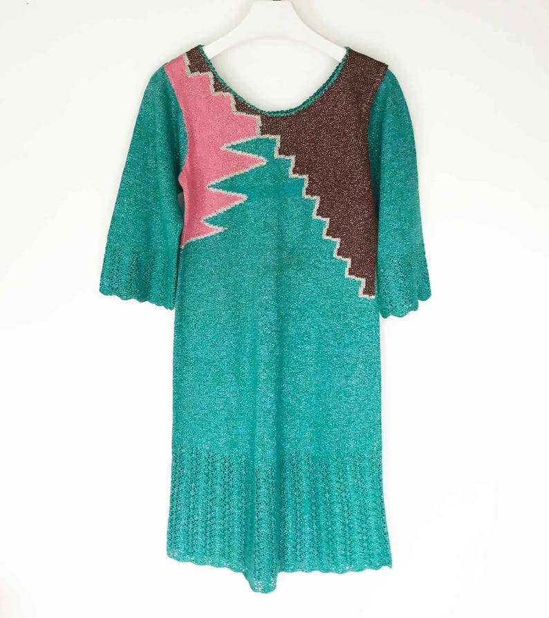 The Tango in Teal Vintage 80s Sweater Dress Metallic Silver Crochet ...