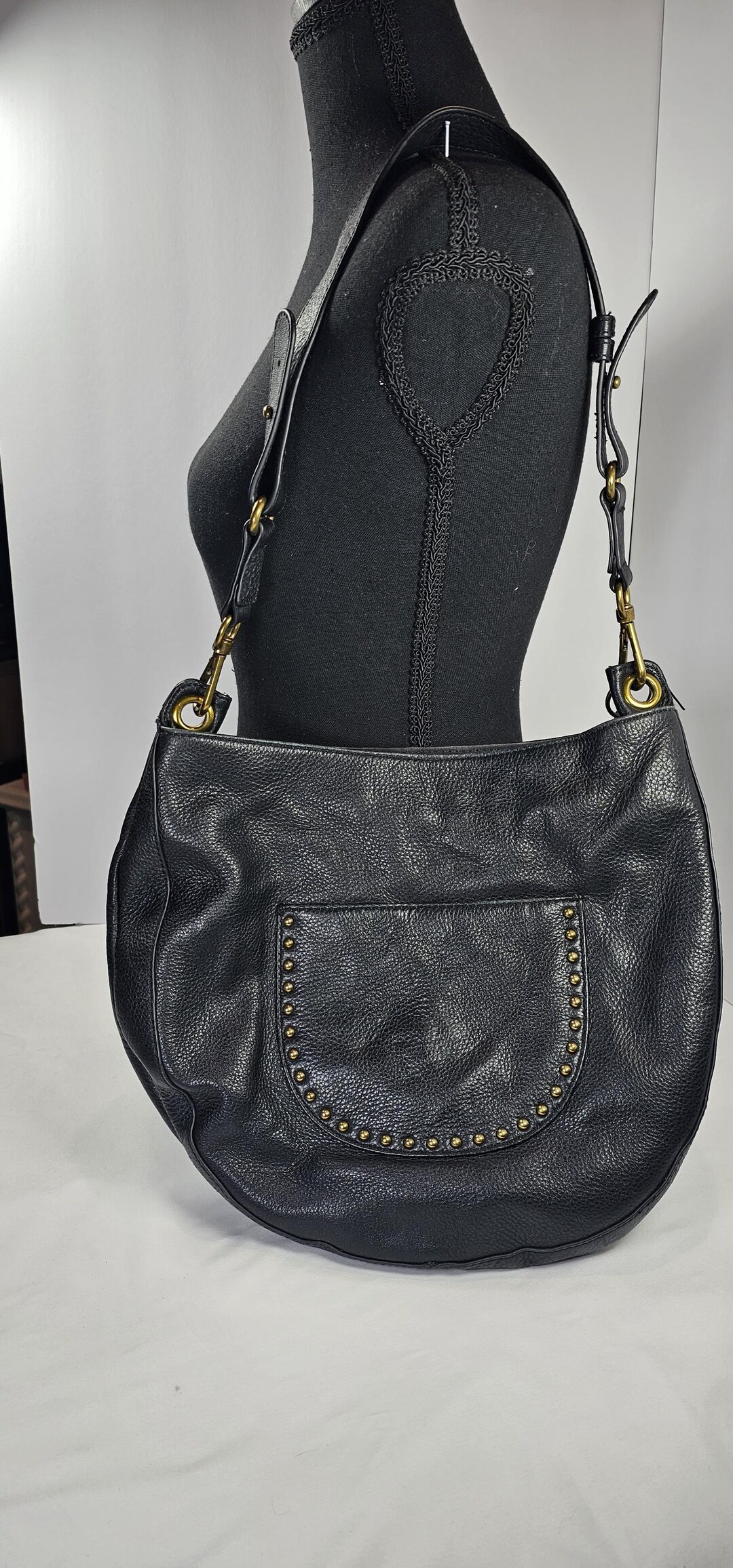 The Sak Happy & Free Black Leather Hobo Shoulder Bag Studded Pocket ...